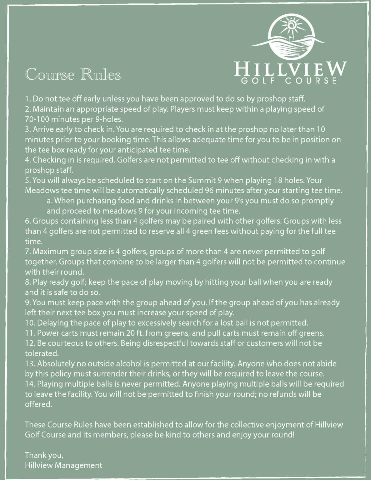Policies & Rules – Hillview Golf Course